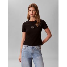T-Shirt Calvin Klein Jeans "GRADIENT MONOLOGO SLIM TEE", Damen, Gr. L (42), schwarz, Web, Obermaterial: 95% Baumwolle, 5% Elasthan, unifarben, regular fit normal, Rundhals, eingesetzt abgesteppte Kante, Shirts T-Shirt, Regular fit mit Rundhalsausschnitt