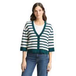 Cardigan Tom Tailor, Damen, Gr. S, wei&szlig; gr&uuml;n knit stripe, Strick, Obermaterial: 85% Viskose, 15% sonstige Fasern, gestreift, loose fit normal, V-Ausschnitt, Strickjacken, mit Streifen Muster