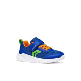 Sneaker Geox "J SPRINTYE BOY", Damen, Gr. 30, blau, orange, Lederimitat, Mesh, Schuhe Sneaker, Halbschuh mit bunten Bes&auml;tzen, Gr&ouml;&szlig;enschablone zum Download