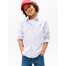 Langarmhemd Tommy Hilfiger "FLEX ITHACA SHIRT LS", Jungen, Gr. 3 (98), N-Gr, blau (cloudy blau stripe), Web, Obermaterial: 97% Baumwolle, 3% Elasthan, gestreift, regular fit, &Auml;rmel ohne &Auml;rmelschlitz 1-Knopf-Manschette, Hemden, mit Streifenmuster, Logostickerei