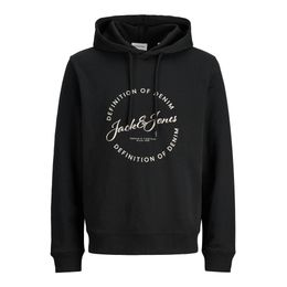 Jack & Jones PlusSize Kapuzensweatshirt "JJGRAYSON SWEAT HOOD PLS", Herren, Gr. 3XL, schwarz, angeraute Sweatware, Obermaterial: 60% Polyester, 40% Baumwolle, JACK & JONES PLUSSIZE, bedruckt, regular fit, Rippb&uuml;ndchen, Sweatshirts