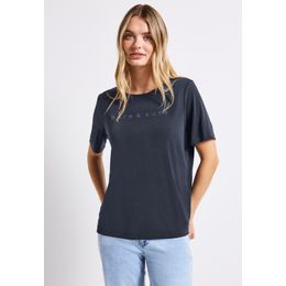T-Shirt Street One, Damen, Gr. 34, blau (deepwater blau), Stoff, 70% Modal, 30% Polyester, unifarben, normal normal, Rundhals, abgesteppt, Shirts T-Shirt, mit Wording