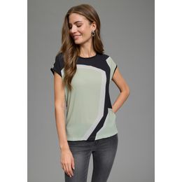 Shirtbluse Laura Scott, Damen, Gr. 40, schwarz, mint, Web, Obermaterial: 97% Polyester, 3% Elasthan. R&uuml;ckenteil: 95% Viskose, 5% Elasthan, gemustert, gestreift, figurumspielend h&uuml;ftlang, U-Boot-Ausschnitt, angeschnitten abgesteppt, Blusen, Materialmix, hinten gestreifter Jersey vorne gemusterter Bluseneinsatz