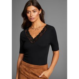 V-Shirt Laura Scott, Damen, Gr. 40, schwarz, Jersey, Obermaterial: 95% Viskose, 5% Elasthan. Spitze: 95% Polyester, 5% Elasthan, unifarben, sehr figurbetont h&uuml;ftlang, V-Ausschnitt, abgesteppt, Shirts, sehr figurbetonte Passform, aus elastischem Jersey, mit Spitze