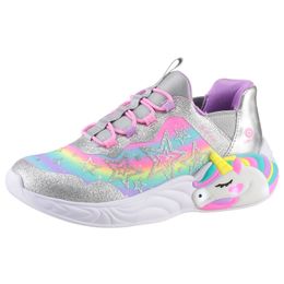 Slip-On Sneaker Skechers "UNICORN DREAMS LIGHTS", M&auml;dchen, Gr. 27, silber (silberfarben, pink, gelb), Synthetik, Textil, Glitzer, kontrastfarbene Details, Schuhe, Glitzer,-Blinkschuh zum Schlupfen, Gr&ouml;&szlig;enschablone zum Download