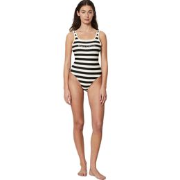 Marc O'Polo Badeanzug MARC O'POLO "Classic Stripes", Damen, Gr. XL, N-Gr, schwarz-wei&szlig; (schwarz, wei&szlig;), Elasthan, Polyamid, gestreift, Badeanz&uuml;ge Badeanzug, tiefer R&uuml;ckenausschnitt, Streifen, Logoschriftzug