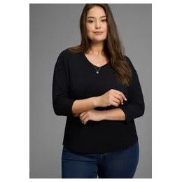 3/4-Arm-Shirt LAURA SCOTT CURVE, Damen, Gr. 44/46, schwarz, Jersey, Obermaterial: 95% Viskose, 5% Elasthan, unifarben, Basic, loose fit h&uuml;ftbedeckend, V-Ausschnitt, Shirts 3/4-Arm-Shirt, mit V-Ausschnitt und lockerer Passform &ndash; GROSSE GR&Ouml;SSEN