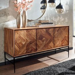 FineBuy Massivholz Sideboard 120cm Sheesham Natur Design Kommode mit 3 T&uuml;ren Metall schwarz