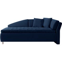 Schlafsofa Alina, B:223cm H:80cm T:112cm, blau, Samtstoff TSV (100% Polyester), Jugendzimmer, Sofas, "Lindsay", Bettkasten, Zierkissen-Set aus: 2