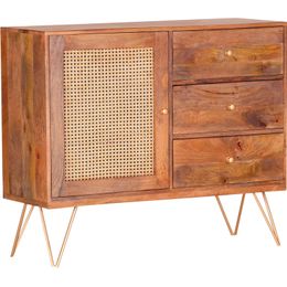 Kommode GUTMANN FACTORY, B:105cm H:87cm T:39cm, beige, Massivholz, Wohnzimmer, Sideboards, "Network", mit Rattan Wiener Geflecht und Hairpin Beinen