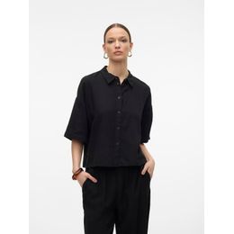 V&eacute;ro Moda VERO MODA Damen Hemdbluse "VMLINN LINEN 2/4 SHORT SHIRT WVN NOOS", schwarz, Gr. S, unifarben, Web, Obermaterial: 55% Leinen, 45% Viskose, Blusen