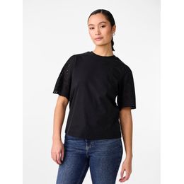 Y.A.S Damen Kurzarmshirt "YASLEX SS TOP W. EMB SLEEVES S. NOOS", schwarz, Gr. XS, unifarben, Jersey, Obermaterial: 100% Baumwolle, Shirts, mit