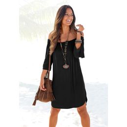 Lascana Damen Strandkleid "mit Carmenausschnitt und 3/4-&Auml;rmeln aus gewebter Viskose, Blusenkleid", schwarz, Gr. 36, unifarben, Web, Obermaterial: