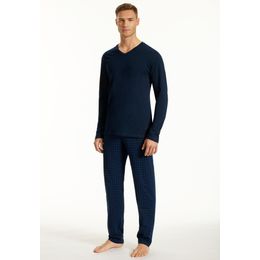 Schlafanzug uncover by Schiesser "Uncover Nightwear", Herren, Gr. 52, blau (804, blau), Single Jersey, Obermaterial: 100% Baumwolle, bequem lang, V-Ausschnitt, Homewear-Sets Schlafanzug, Single Jersey-Qualit&auml;t, Langarm, V-Ausschnitt, weich