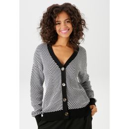 Aniston CASUAL Damen Strickjacke, schwarz-wei&szlig;, Gr. 42, Fischgratmuster, gemustert, Strick, Obermaterial: 100% Baumwolle, Strickjacken, im trendigem