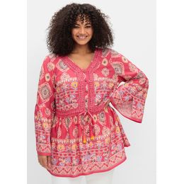 sheego Damen Longbluse, rot, Gr. 46, bedruckt, ethno, gemustert, mehrfarbig, 100% Viskose, Blusen