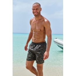 Bruno Banani Herren Badeshorts, schwarz, Gr. L, bedruckt, Recycling-Polyester, Badehosen, mit floralem Design