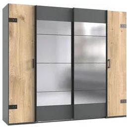 Schwebet&uuml;renschrank wimex "Stockholm, Schlafzimmerschrank mit Industrial-Look, rustikale Optik", grau (plankeneiche, graphit), B:225cm H:210cm T:65cm, Holzwerkstoff, Schr&auml;nke, Schwebet&uuml;renschrank, Kleiderschrank mit Spiegel BESTSELLER Schrank Garderobe