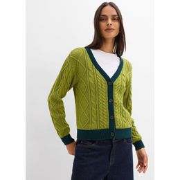 bonprix Strickjacke aus reiner Baumwolle, gr&uuml;n, Gr.48/50 (XL), Modische Strickjacke aus reiner Baumwolle mit abgesetztem B&uuml;ndchen, aus 100% Baumwolle