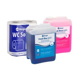 Berger Sanit&auml;r Set 3-teilig inkl. Fresh Blue 2,5 l + Fresh Rinse 2,5 l + WC Soft Toilettenpapier - Sanit&auml;rzus&auml;tze & -fl&uuml;ssigkeiten