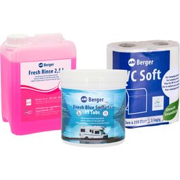 Berger Sanit&auml;r Set 3-teilig inkl. Fresh Blue Sachets + Fresh Rinse 2,5 l + WC Soft Toilettenpapier - Sanit&auml;rzus&auml;tze & -fl&uuml;ssigkeiten
