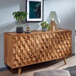 FineBuy Massivholz Sideboard 140cm Sheesham Natur Kommode mit 2 T&uuml;ren & 3 Schubladen Retro Design