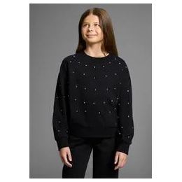Sweatshirt Bruno Banani "Kurzgeschnittenes Sweatshirt mit Strass-Steinen", M&auml;dchen, Gr. 140/146, schwarz, angeraute Sweatware, Obermaterial: 100% Baumwolle, Glitzermuster, Basic h&uuml;ftlang, Rundhals, Rippb&uuml;ndchen, Sweatshirts Sweatshirt, F&uuml;r TEENS. Trendiges Shirt mit Strass-Steinen