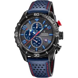 Festina Herren Chronograph Armbanduhr, Quarzuhr, Herrenuhr, Stoppfunktion, Lederarmband blau