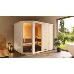Weka Sauna &raquo;Element-Ecksauna VARBERG 4&laquo; vorgefertigte Elemente, Fensterelement, moderne Ganzglast&uuml;r wei&szlig;