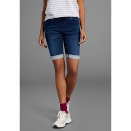 Arizona Damen Jogg-Jeansbermudas hohe Leibh&ouml;he, krempelbare Beinabschl&uuml;sse, Used-Look blau 36, N-Gr