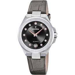 Festina Damen &raquo;Mademoiselle&laquo; Armbanduhr, Damenuhr, Lederarmband, analog, Tag, Zirkonia (synth.) grau