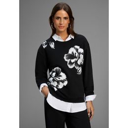 Laura Scott Damen Sweater, Weiche Baumwollmischung mit Rundhalsausschnitt und Blumenprint schwarz 36/38