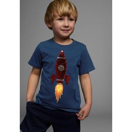 Kidsworld Jungen Kidsworld T-Shirt &raquo;Mit Rakete aus Wendepailletten&laquo; Kurzarm, Basic-Passform, bedruckt, Rundhalsausschnitt blau 128/134