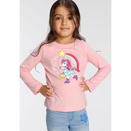 Kidsworld M&auml;dchen Kidsworld Langarmshirt &raquo;Einhorn auf Rollschuhen&laquo; Langarm, Basic-Passform, mit stylischem Druck und Glitzerdruck rosa 116/122