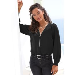 Lascana Damen Lascana Langarmbluse mit Rei&szlig;verschlussdetail, elegante Damenbluse schwarz 34