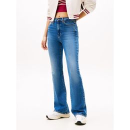 Tommy Jeans Damen Bootcut-Jeans &raquo;SYLVIA HGH FLR&laquo; Weite Beinform und Logo Stickerei auf der Ges&auml;&szlig;tasche blau 28, L&auml;nge 30
