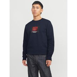 Jack & Jones Jack & Jones Herren Sweatshirt &raquo;JJHUDSON &ndash; Sweatshirt mit Print, Rundhals und Kapuze&laquo;, Print, modisch, regular fit, angeraute Sweatware, Rundhals blau