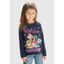 PAW PATROL M&auml;dchen PAW PATROL Langarmshirt Schriftzug mit PAW PATROL Team blau 140/146