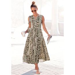 Lascana Damen Lascana Maxikleid mit Animalprint und Knopfleiste, Sommerkleid, Strandkleid gr&uuml;n 36, N-Gr