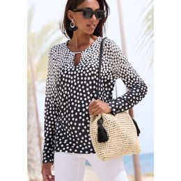 Lascana Damen Lascana Langarmshirt mit kleinem Ausschnitt, Jerseyshirt, Dot-Print schwarz 32/34