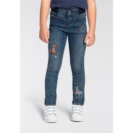 Kidsworld M&auml;dchen Kidsworld Stretch-Jeans &raquo;, Basic Jeans mit toller Stickerei&laquo; schmale Beinform, mit verstellbarem Gummizug am Bund, lang blau 134, N-