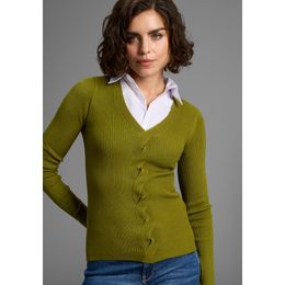 Laura Scott Damen V-Ausschnitt-Pullover Feinstrickpullover mit spannendem Zopfmuster gr&uuml;n 44