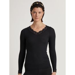 Calida Damen Calida Langarmshirt &raquo;Silky Wool Joy&laquo; Spitze, atmungsaktiv, V-Ausschnitt, Merino-Woll-Anteil, Seide schwarz L (48/50)