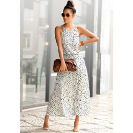 Buffalo Damen Maxikleid mit P&uuml;nktchendruck, flie&szlig;endes Sommerkleid, Jerseykleid wei&szlig; 34, N-Gr