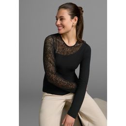Melrose Damen Rundhalsshirt lang&auml;rmlig, sehr figurbetont, mit Spitzeneins&auml;tzen, h&uuml;ftlang schwarz 44