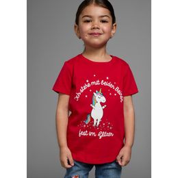 Kidsworld M&auml;dchen Kidsworld T-Shirt &raquo;Mit Einhorn-Druck und Glitzereffekten&laquo; mit stylischem Einhorn-Print rot 128/134