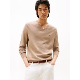 Tommy Hilfiger Herren Strickpullover &raquo;ESSENTIAL COTTON V NECK mit V-Ausschnitt und Stickerei&laquo; unifarben, casual, regular fit, Baumwolle, V-Ausschnitt 