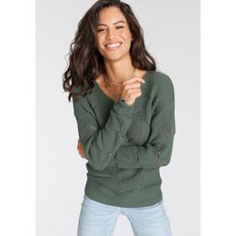 Laura Scott Damen Strickpullover softer &Uuml;bergangsstrick mit V-neck und trendy Ajourmuster gr&uuml;n 36