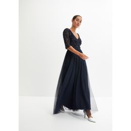 Abendkleid bonprix, Damen, Gr. 36, N-Gr, blau (dunkelblau), Web, Obermaterial: 100% Polyester. Futter: 100% Polyester, unifarben, festlich, loose fit bodenlang, tiefer V-Ausschnitt, Kleider Abendkleid, f&uuml;r festliche Anl&auml;sse, mit T&uuml;ll-Rock und Pailletten im Oberteil