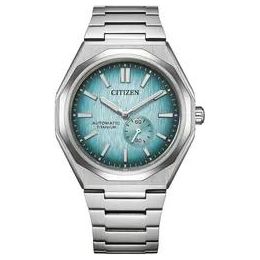Automatikuhr Citizen "Super Titanium Zenshin 60", silber (titansilberfarben, hellblau), Armbanduhren, Herren, Automatikuhr, Armbanduhr, Herren, Mechanische Uhr, Titan, analog, dezentrale Sekunde
